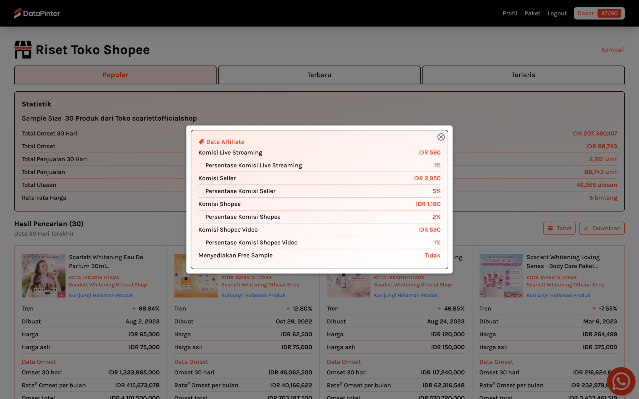 Tools Riset Produk Terlaris di Shopee Tiktok No.1 - DataPinter